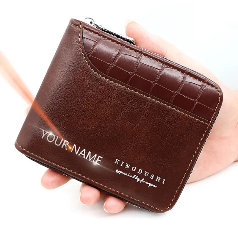 New Short Men Zipper Wallets Free Name Engraving Luxury Coin Pocket ...