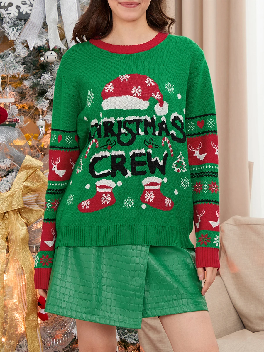 Women-s-Christmas-Sweaters-Christmas-Tree-Pattern-Ribbed-Trim-Crew-Neck ...