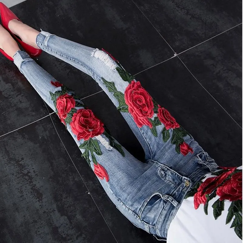 Flower Embroidered Women Jeans Stretch Elastic Jeans Pencil Hole Ripped ...