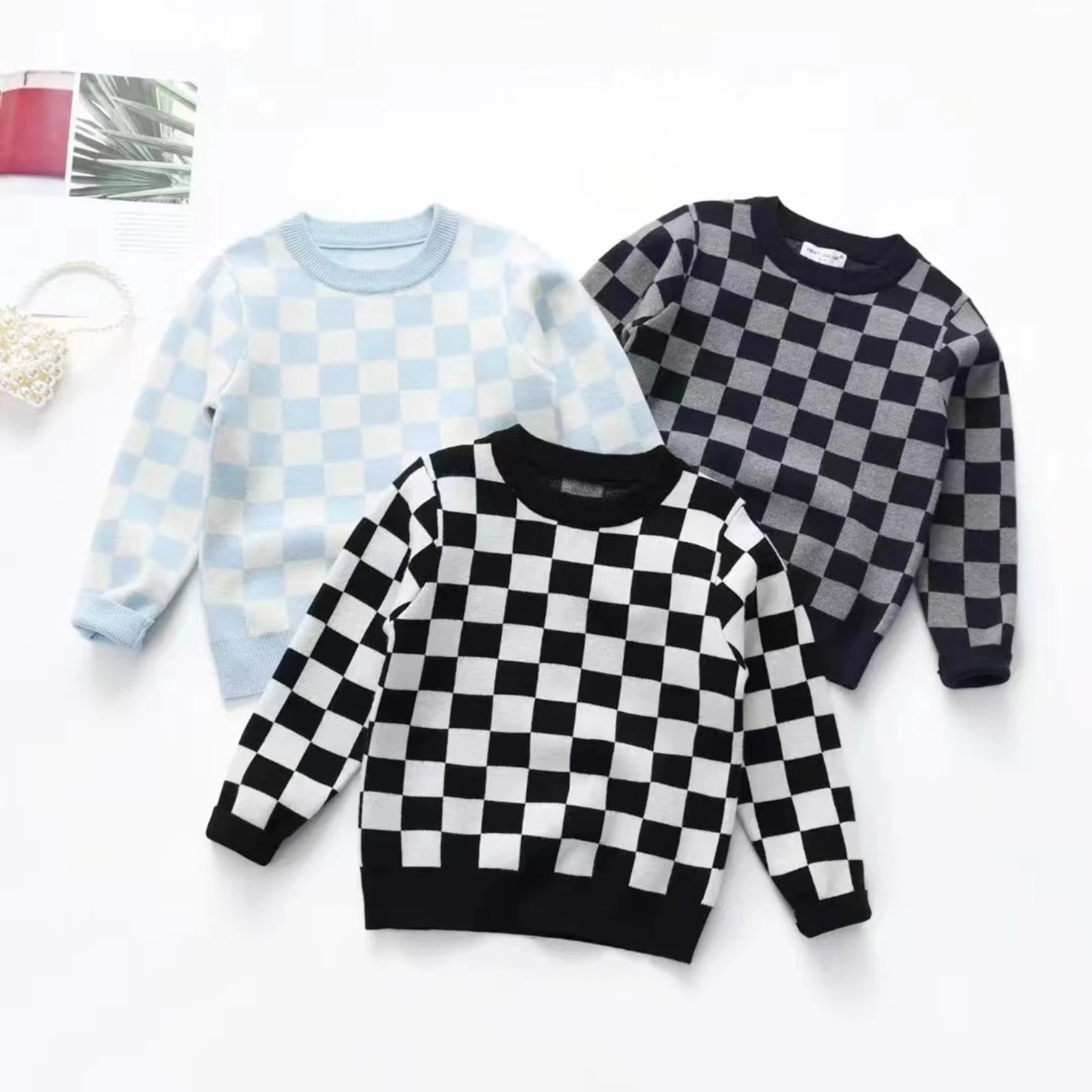 Toddler-Kids-Baby-Girl-Boy-Fall-Sweater-Shirt-Checkerboard-Knit-Crew ...