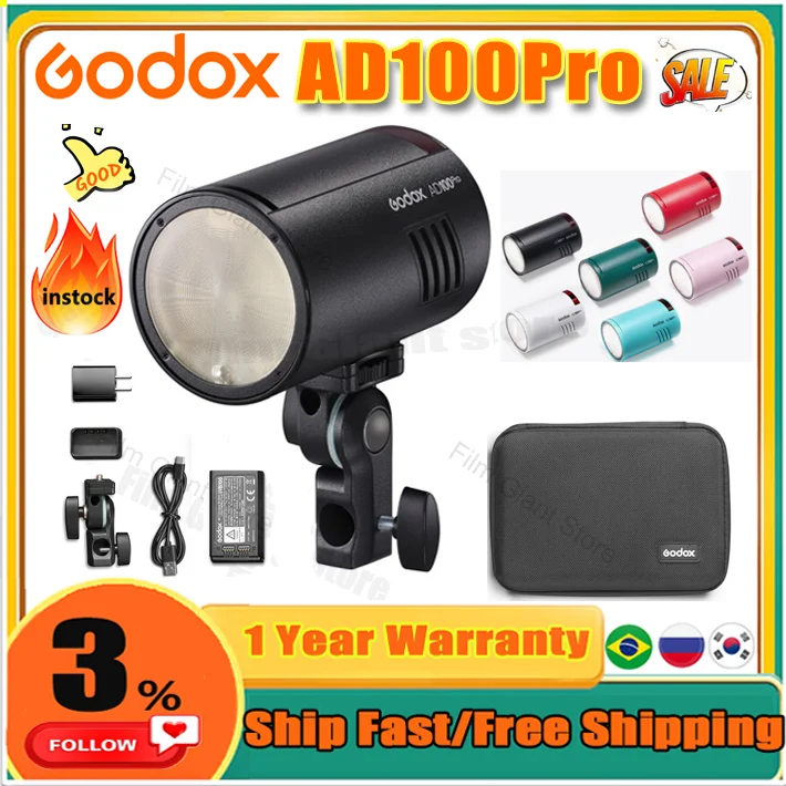 Godox AD100Pro 100Ws TTL 2.4G HSS 1/8000s Pocket Flash Light with 7.2V ...