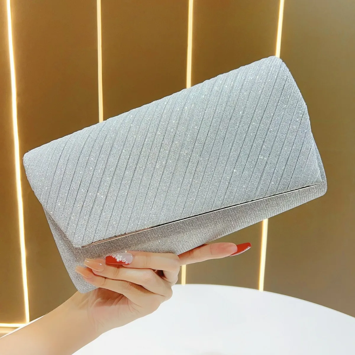 2025 Elegant Silver Glitter Clutch Women’s Evening Purse Long Chain ...