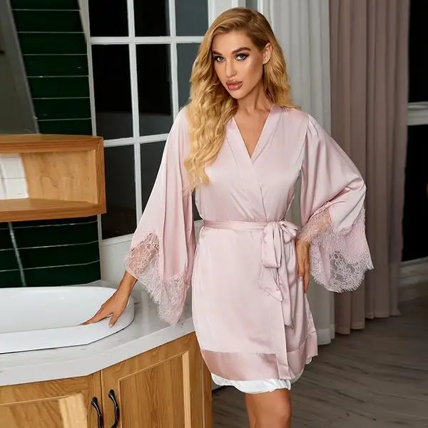 Sexy Pink Lace Bride Wedding Robe Female Nightgown Kimono Bathrobe Gown ...