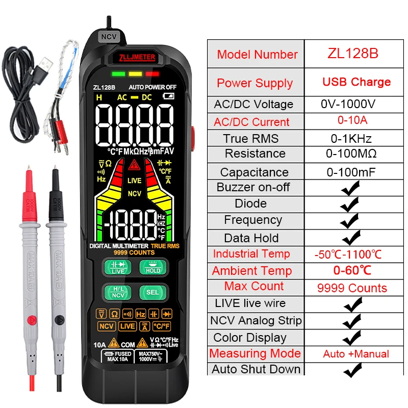 ZL128B USB Charge Digital Multimeter 9999 LCD Color Display DC AC ...