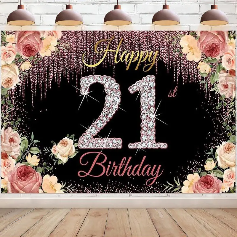 Happy-21st-Birthday-Banner-Backdrop-Gold-Floral-21-Year-Old-Party-Sign ...
