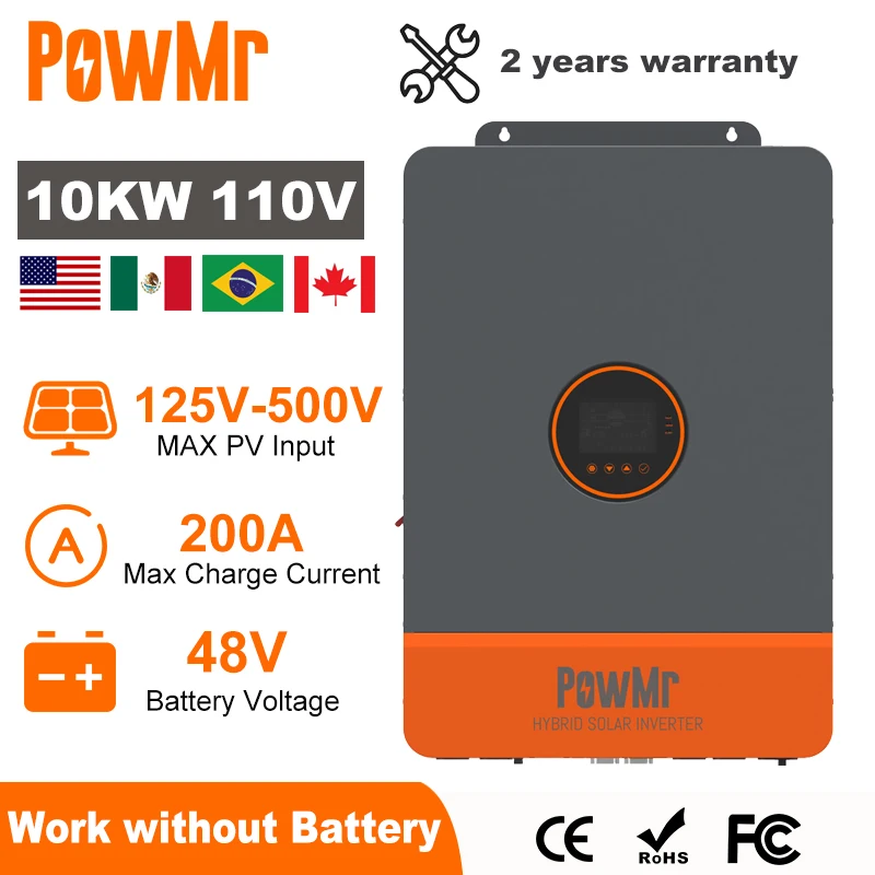 PowMr 10KW Hybrid Solar Inverter 48V 110V 220V Split Phase Inverter Dual MPPT Dual Output On ...
