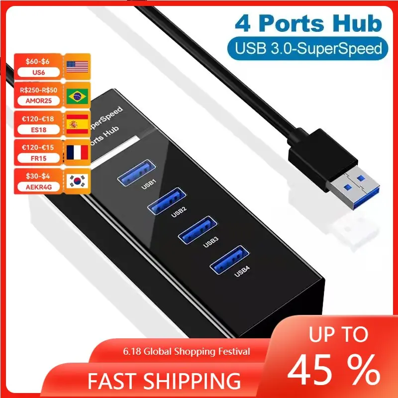 Divisor de concentrador USB de alta velocidad, 4 puertos, 2,0, 3,0, Cable expansor para ...