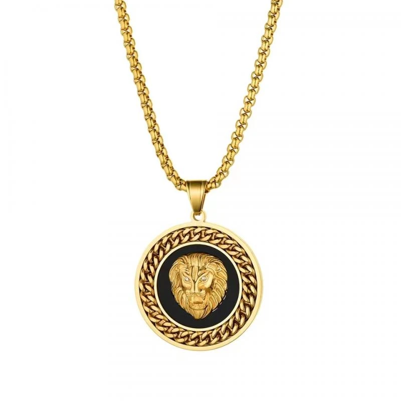 Hip Hop Gold Color 3D Round Lion Head Pendant Chain Medal Necklace Men ...