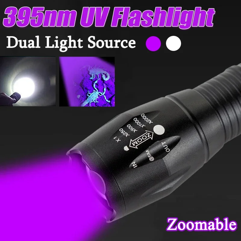 Purple-White-Dual-Light-Flashlights-Ultraviolet-Torch-Zoom-Retractable ...