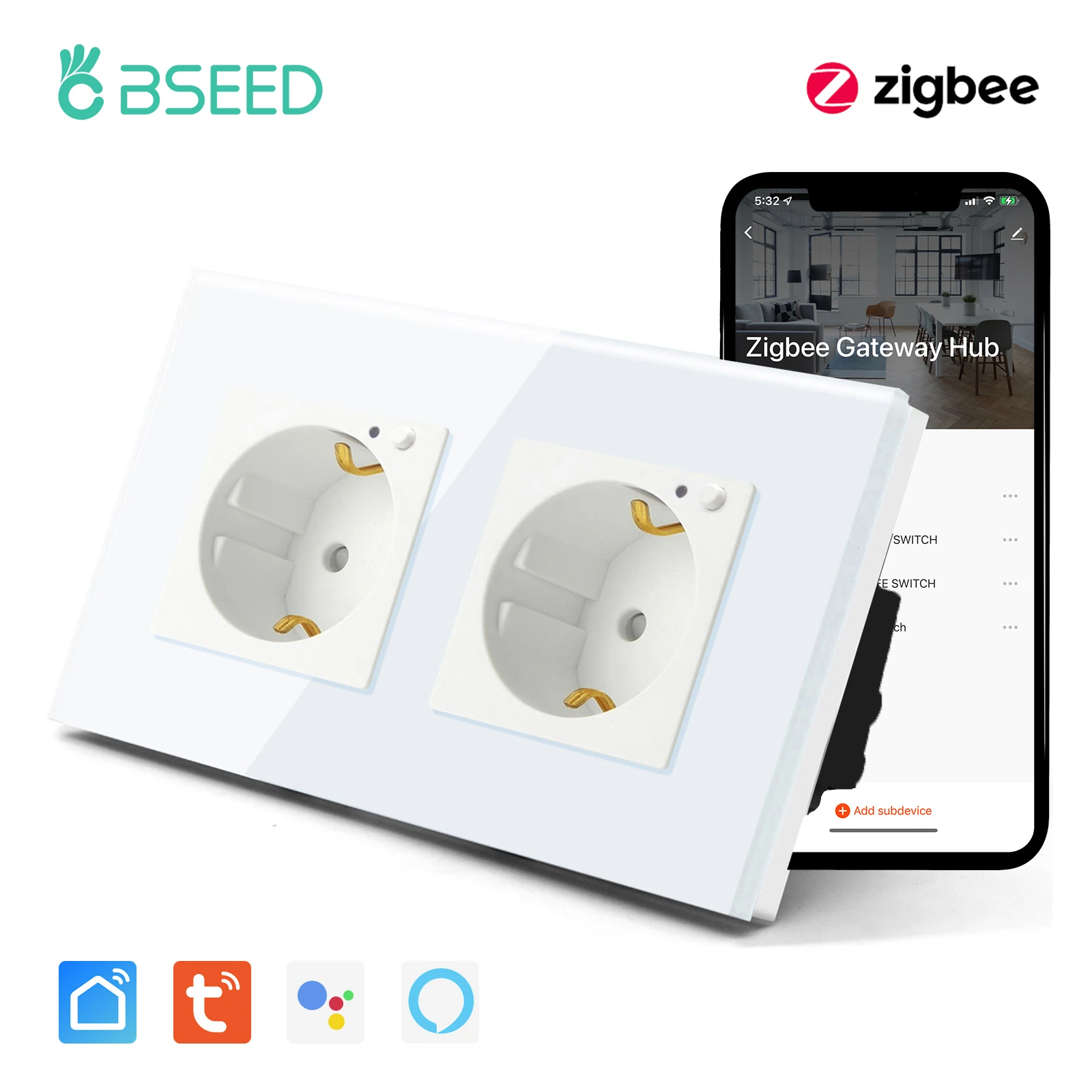 BSEED Zigbee Glass Sockets EU Double Wall Socket Smart Power Outlets Tuya Smart Life Alexa Voice ...
