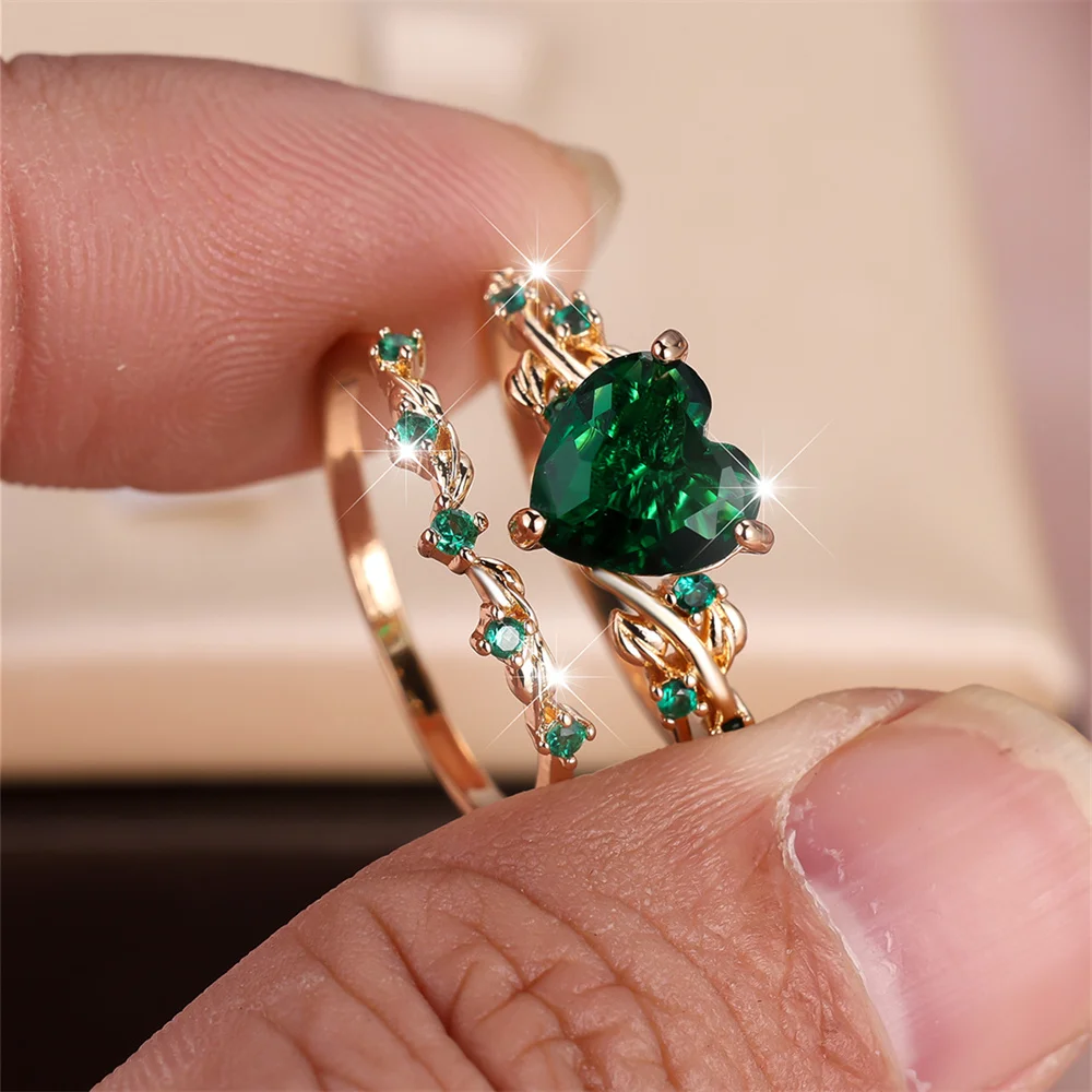 Royal-Blue-Green-Black-Red-Stone-Heart-Ring-Sets-For-Women-Rose-Gold ...