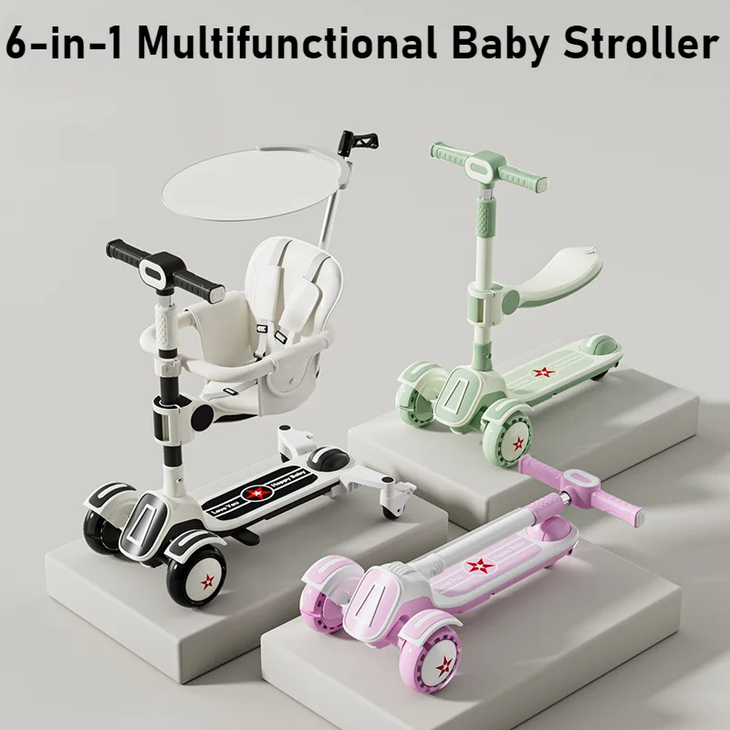 6 in1 Kids Scooter with Height Adjustable Push Handle Flash Wheels ...