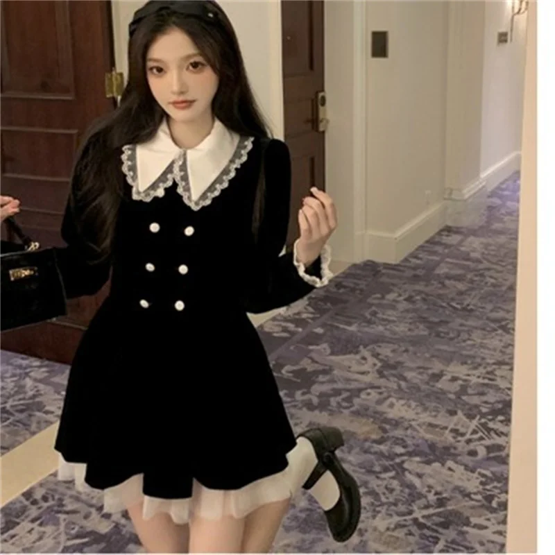 Hepburn-Sle-Doll-Collar-Patchwork-Velvet-Dress-Women-French-sle-Waist ...