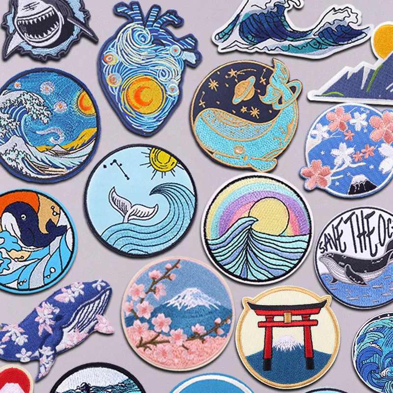 Japan Mount Fuji Cherry Flower Embroidered Patches Japan Fish Iron On ...