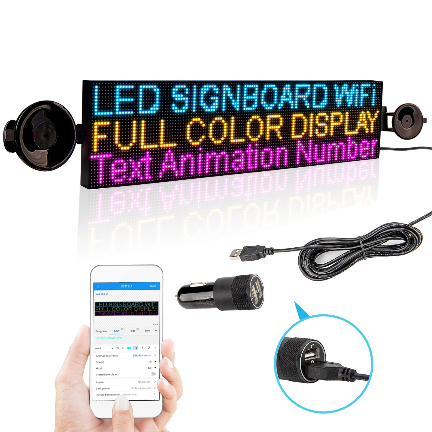 52Cm-12V-Car-LED-Display-Board-RGB-WiFi-Programmable-Scrolling-Message ...