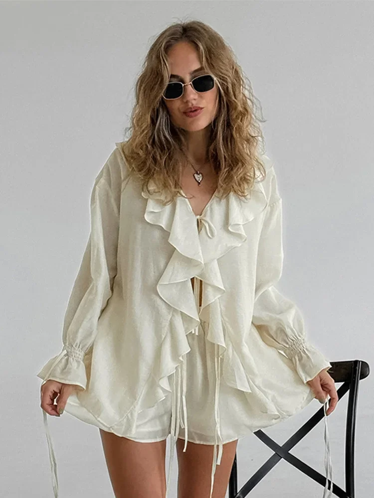 Elegant Ruffled Collar Lace Up Women Shirt Set Chic High Waist Short ...