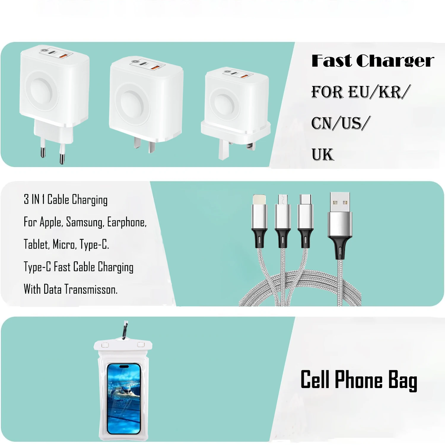 Fast-Phone-Charger-2-Ports-Type-C-USB-A-3-IN-1-Cable-Charging-for ...
