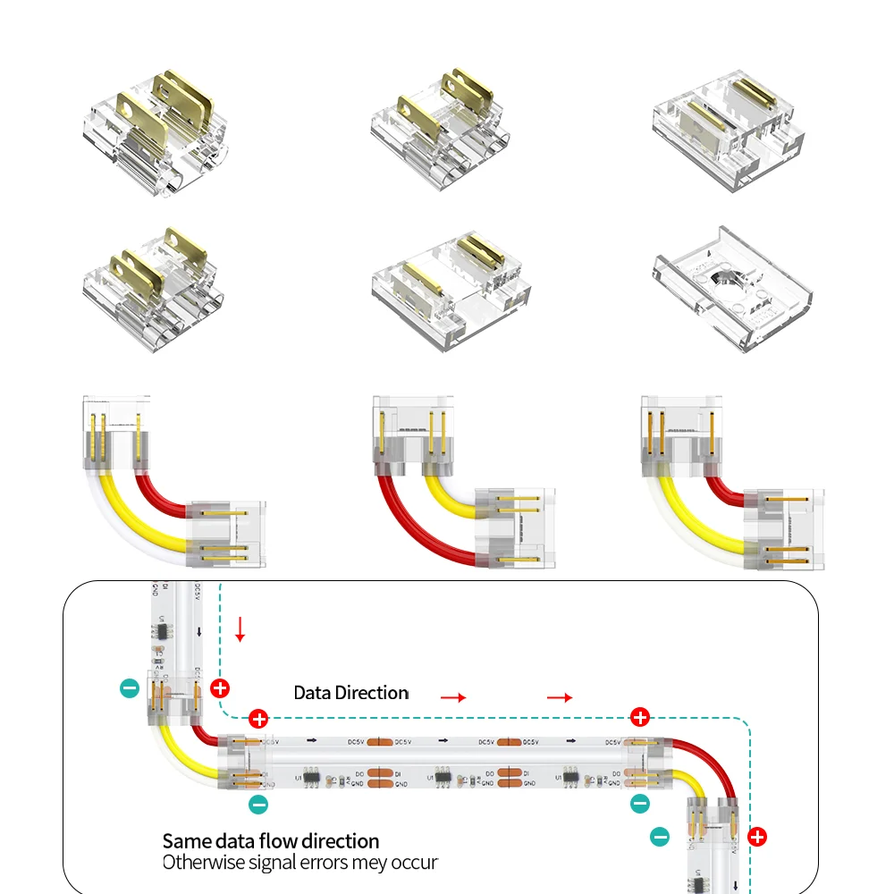 3P 8mm 10mm 12mm COB Transparent solder free snap connector L-shaped ...