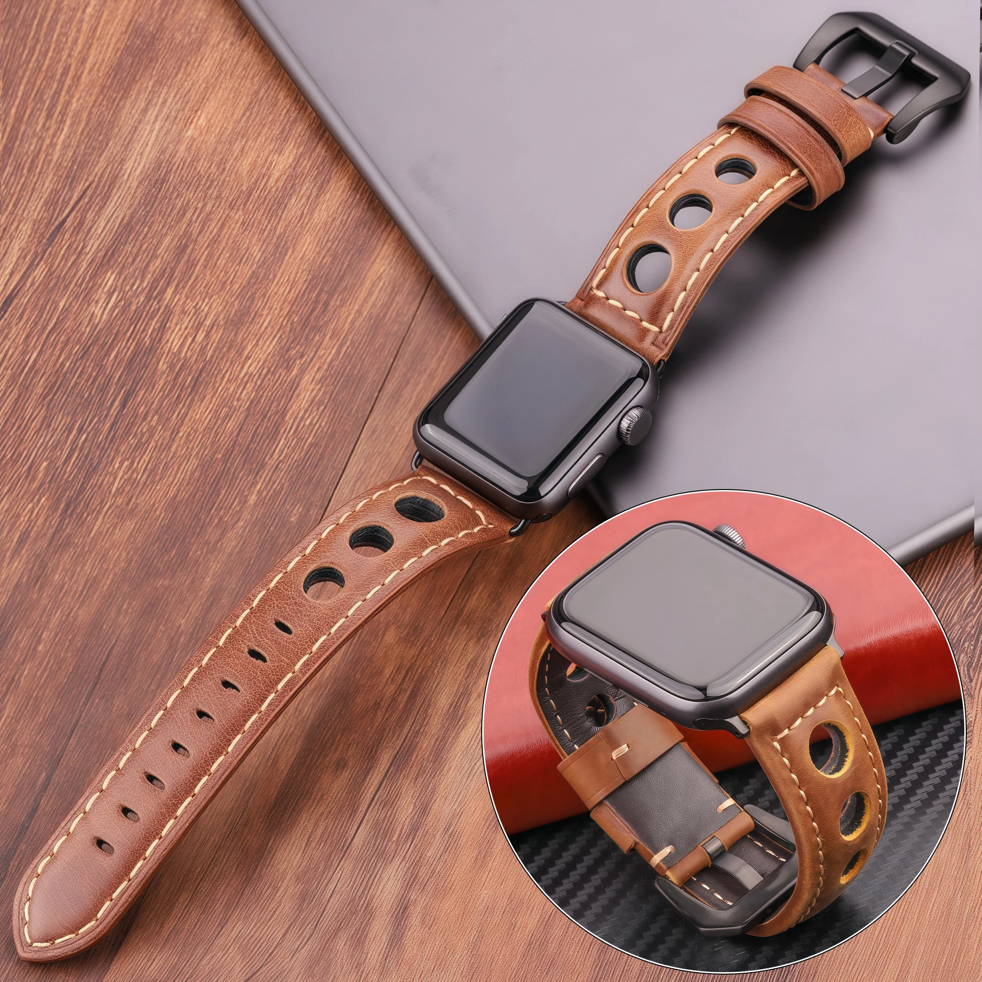 Genuine Leather Watch Strap for Apple Watch 38 40 41 42 44mm 45mm 46mm ...