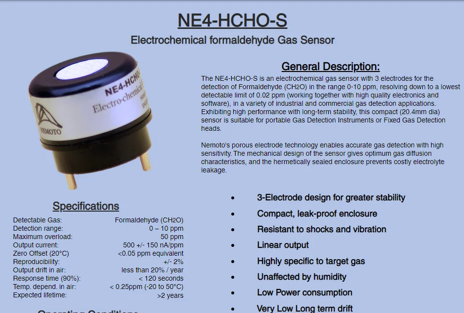 NE4-HCHO-S 산업용 포름알데히드 검출기 전기 화학 포름 알데히드 CH2O 경보 센서 0-10ppm