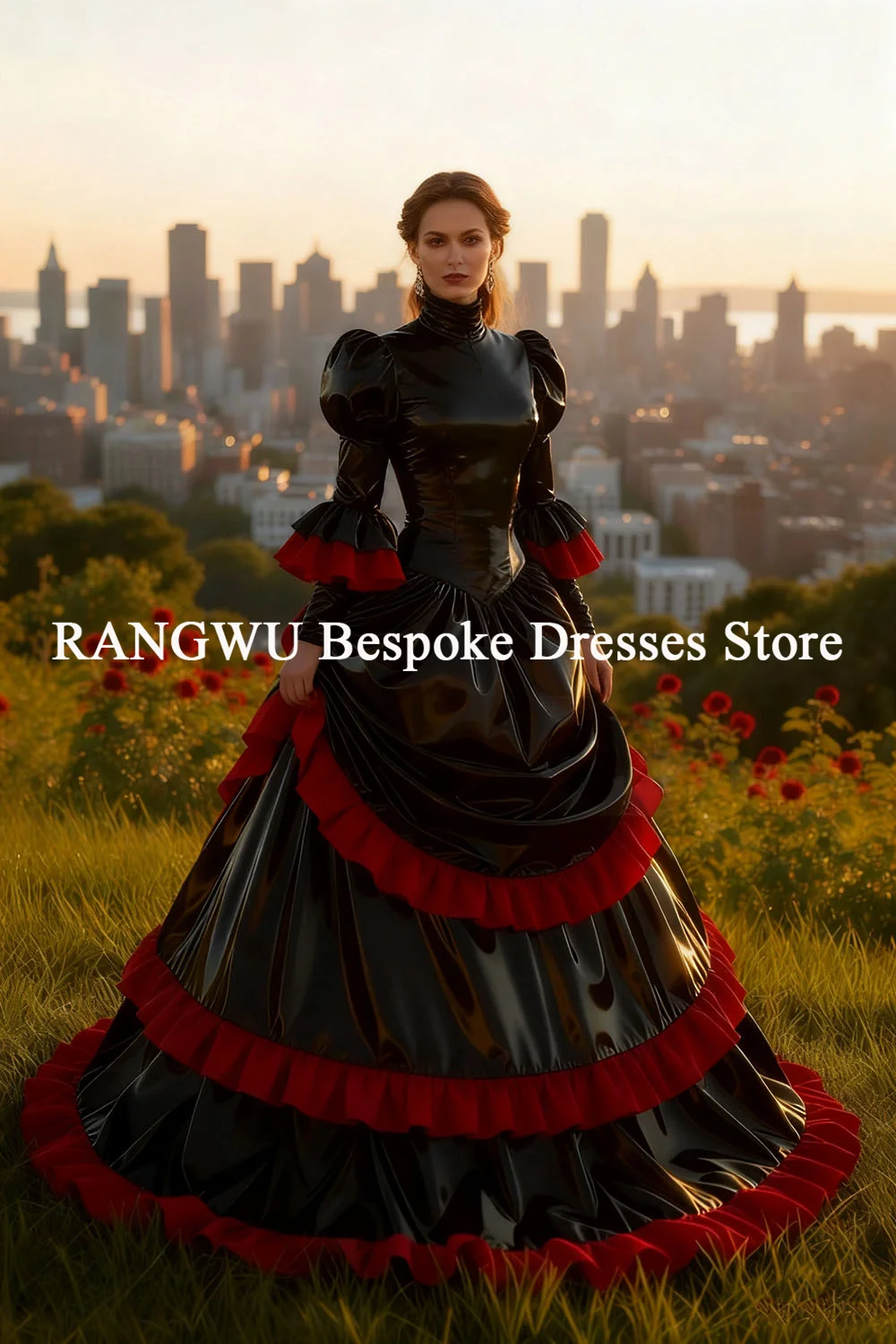 Victorian Black Red Prom Dress Long Sleeves Vampire Gothic Evening ...