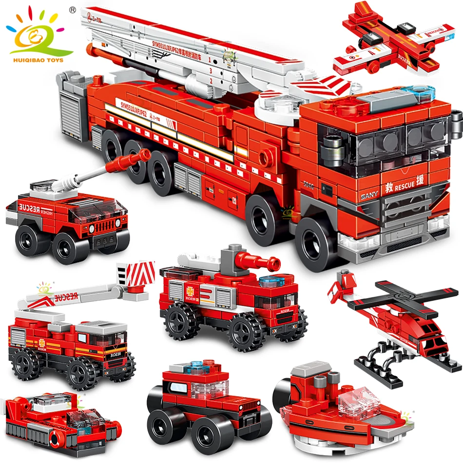 HUIQIBAO-327pcs-8in1-Fire-Ladder-Truck-Building-Blocks-Firefighting-Set ...