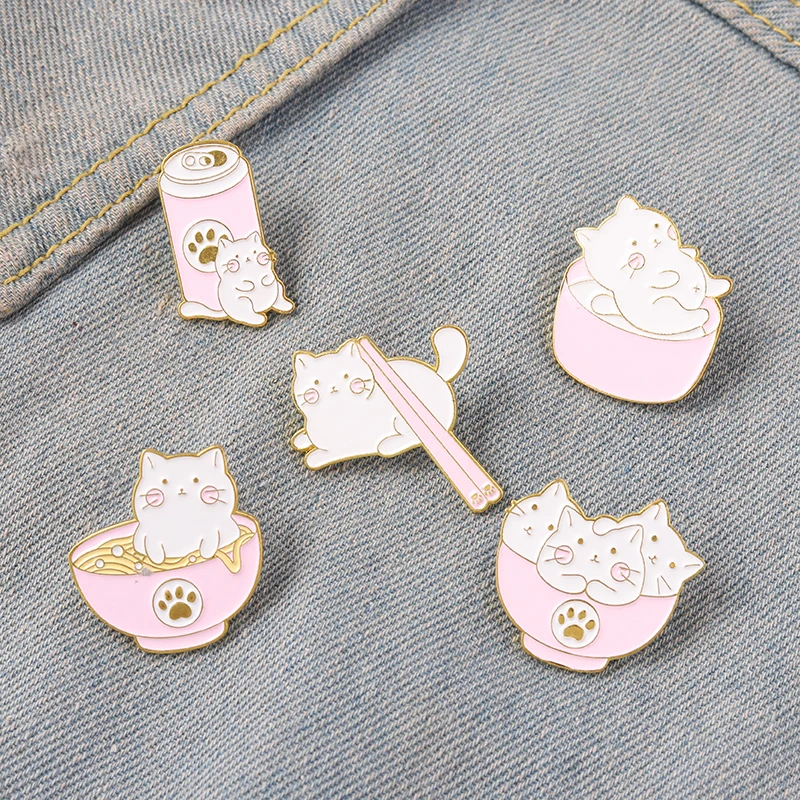 Funny Cat Bowl Enamel Pins Pink Cute Kitten and Food Metal Brooches ...