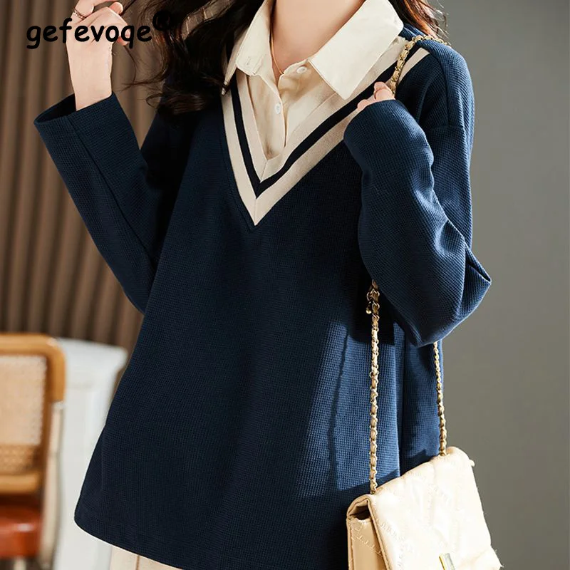 Fashion-Striped-Long-Sleeved-Shirt-Women-s-Preppy-Style-Fake-Two-Pieces ...