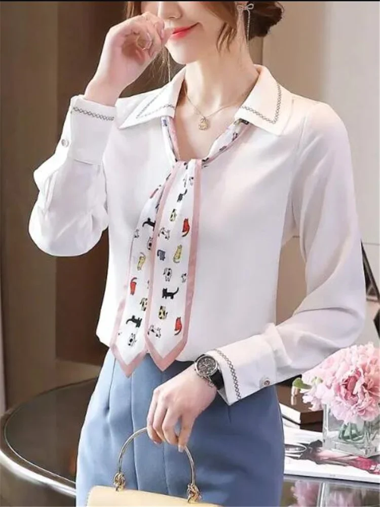 White-Shirts-Ribbon-Blouses-For-Women-Suit-collar-Button-Up-Woman-Bow ...