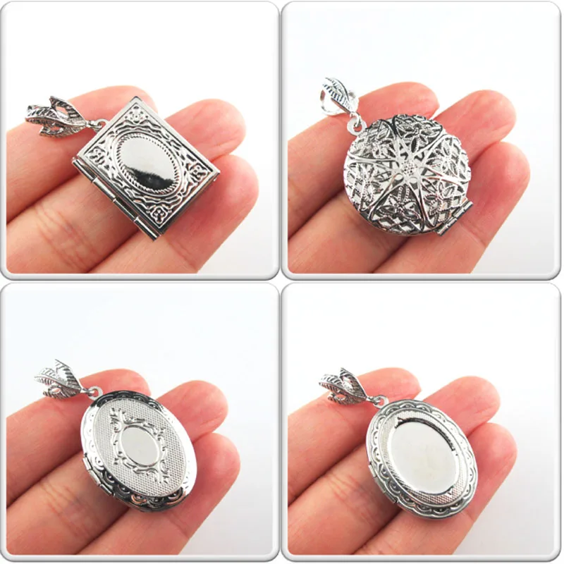 4Pcs Dull Silver Plated Picture Box Charms Book Round Oval Hollow ...