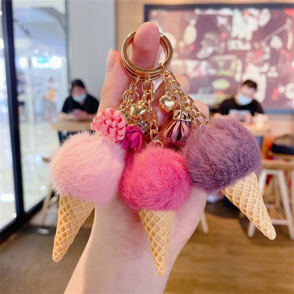 Fluffy Keychain OATIPHO 3-Pack Ice Cream Keychains - Cute Fluffy Pom ...