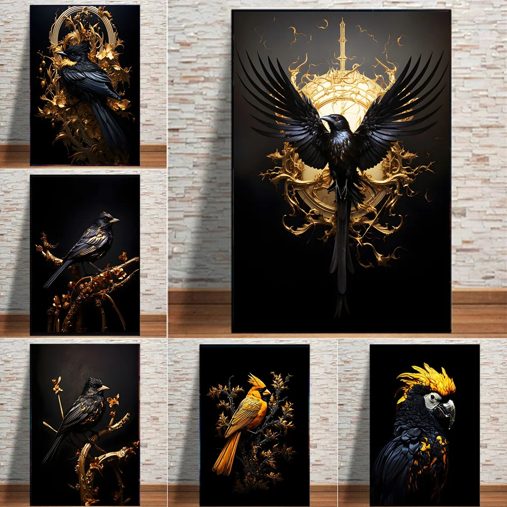 Black-and-Gold-Crow-Animals-Canvas-Art-Posters-and-Prints-Golden ...