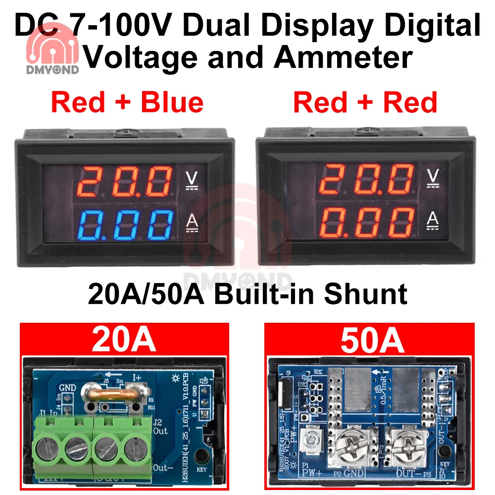 20A/50A Built-in Shunt Digital Voltmeter Ammeter DC7-100V Volt Amp ...