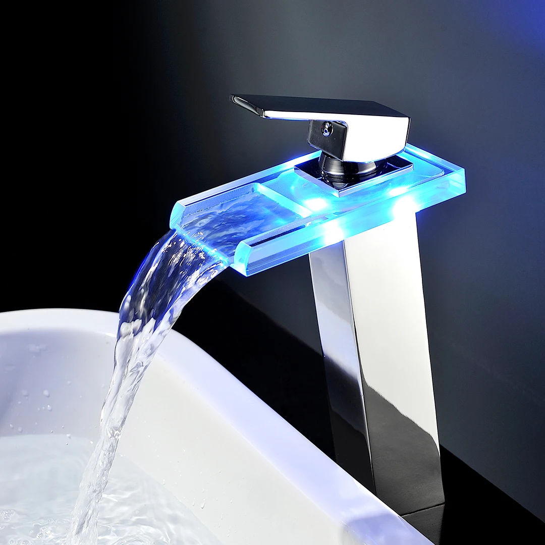 LED Glass Basin Faucet Brass Waterfall Cold Hot Bathroom Sink Taps ...