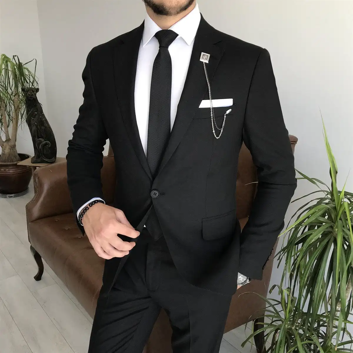 Elegant Black Notch Lapel One Button Suits For Men Casual Business Prom ...