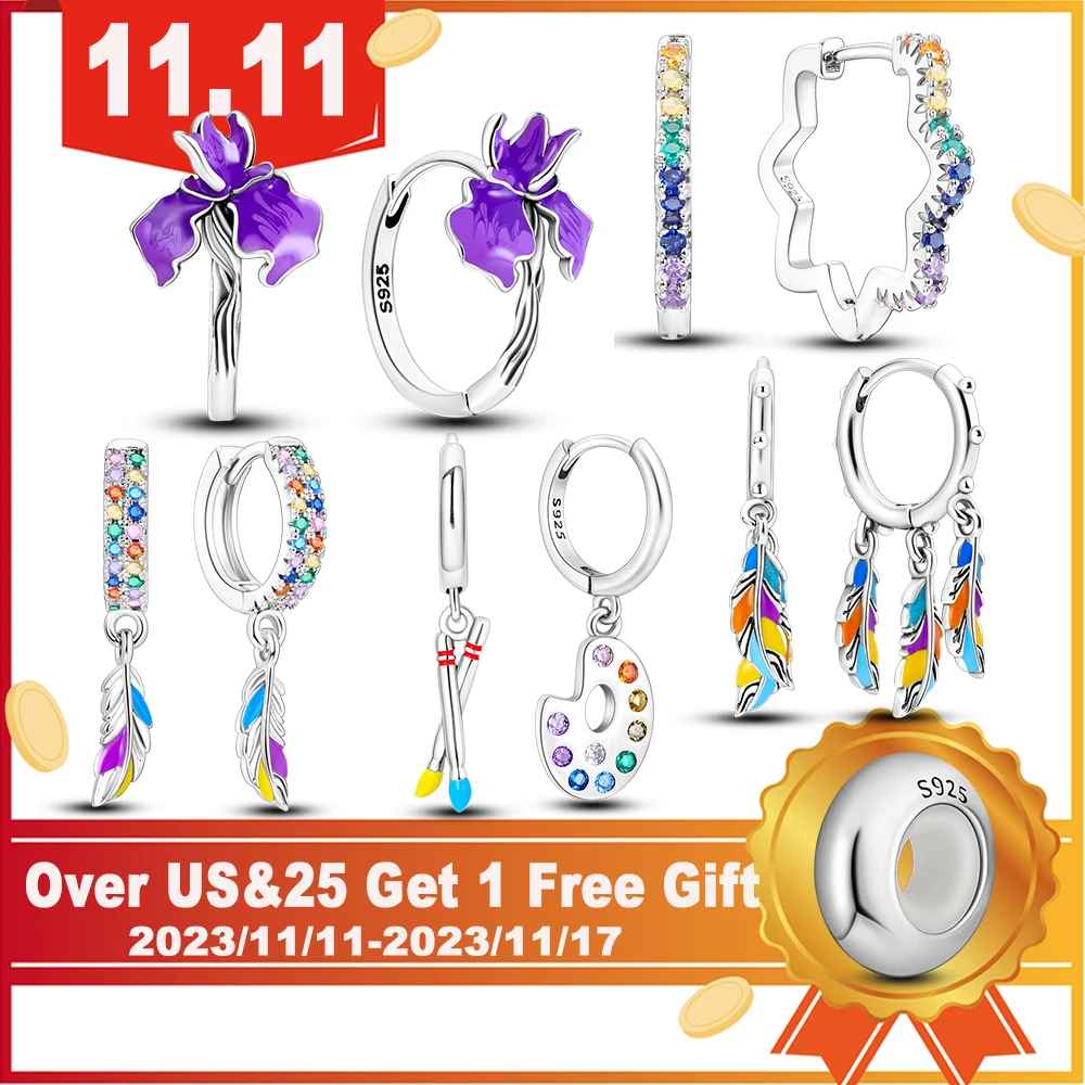 2023-925-Sterling-Silver-Earrings-Flower-Feather-Hoop-Earring-Zircon-For-Women-Making-Jewelry ...