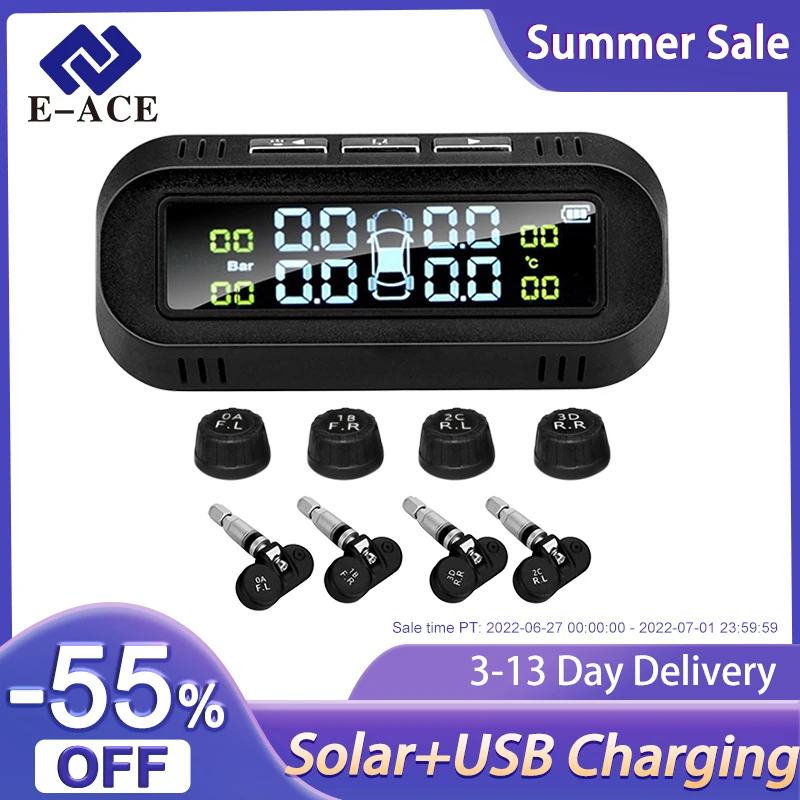 E-ace Smart Car Tpms Tire Pressure Monitoring Solar Power Digital Tmps Lcd Display Usb Auto ...