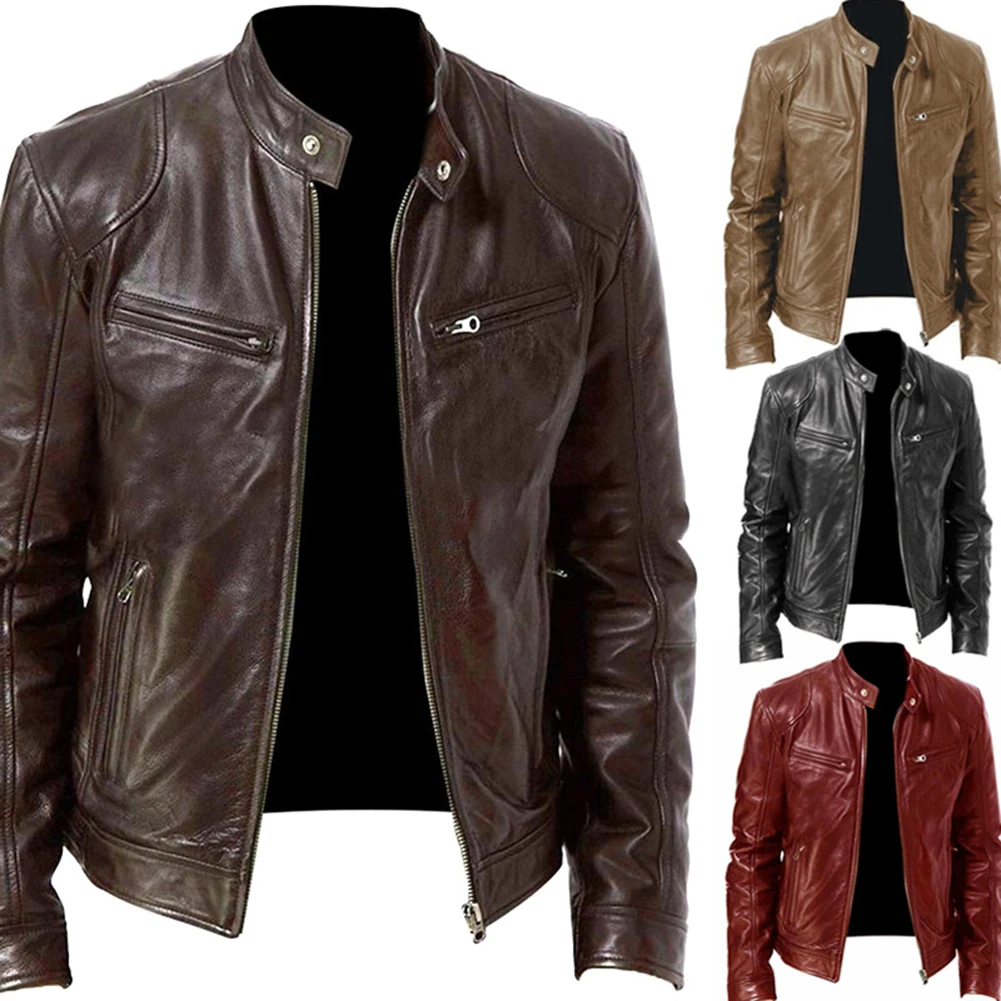 Fashion Mens Leather Jacket Slim Fit Stand Collar PU Jacket Male Anti ...