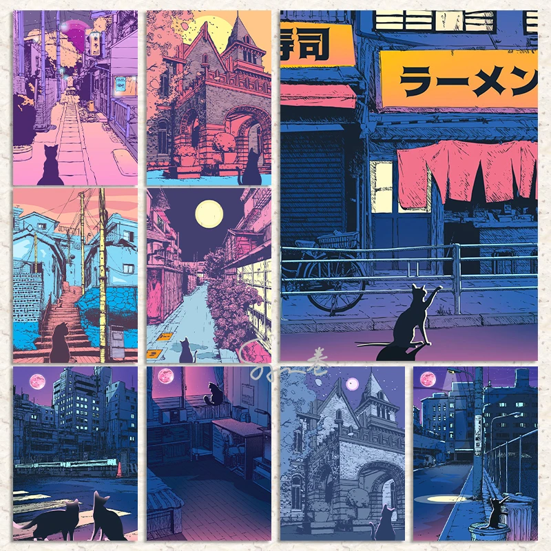 Anime-City-Pop-Japanese-Citypop-Poster-Canvas-Printing-Black-Cat-City ...