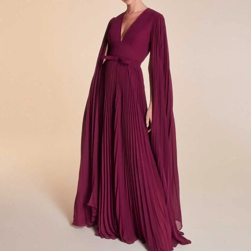 Classic-Chiffon-Evening-Dress-Deep-V-Neck-Pleated-With-Shawl-Backless ...