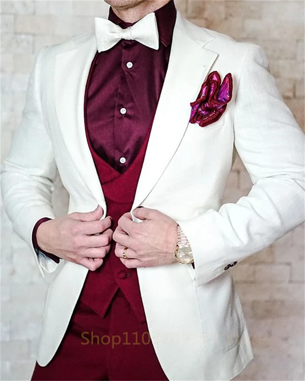 3-Pieces-Handsome-Men-Costume-Ivory-Blazer-Sets-Burgundy-Vest-and-Pants ...