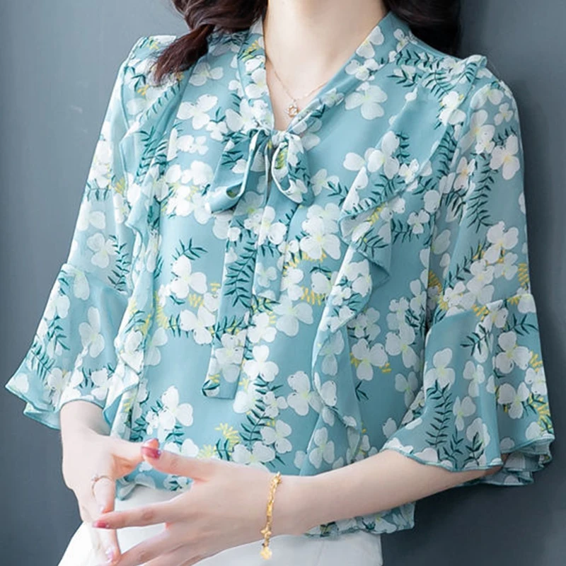 Women's Clothing Summer Three Quarter Tee Shirt Bow Tie Flowers Floral ...