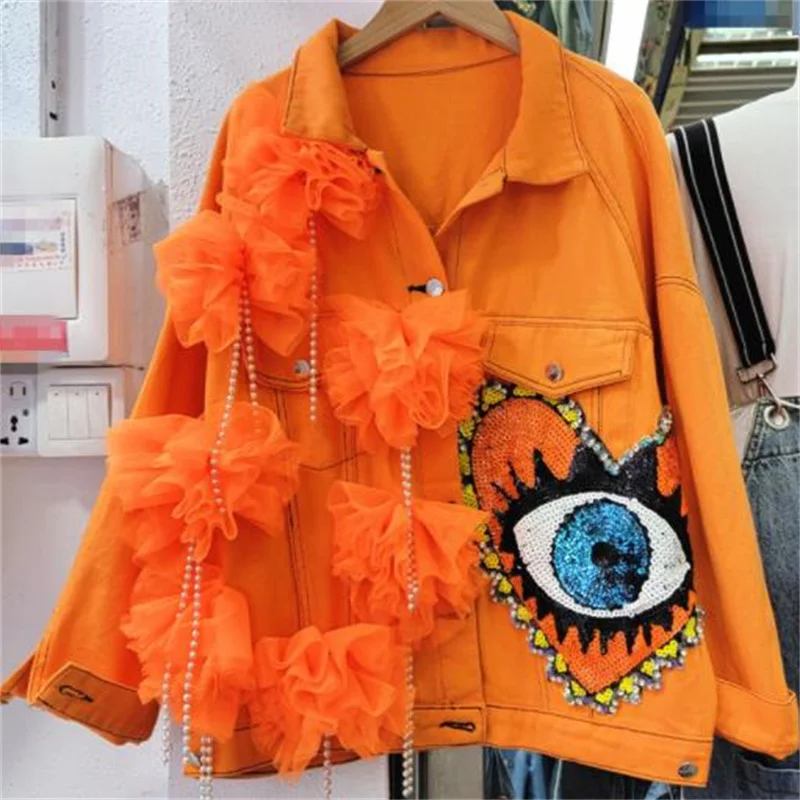 New-Design-Patchwork-Mesh-Sequin-Eyes-Cropped-Denim-Jacket-Orange-Loose ...
