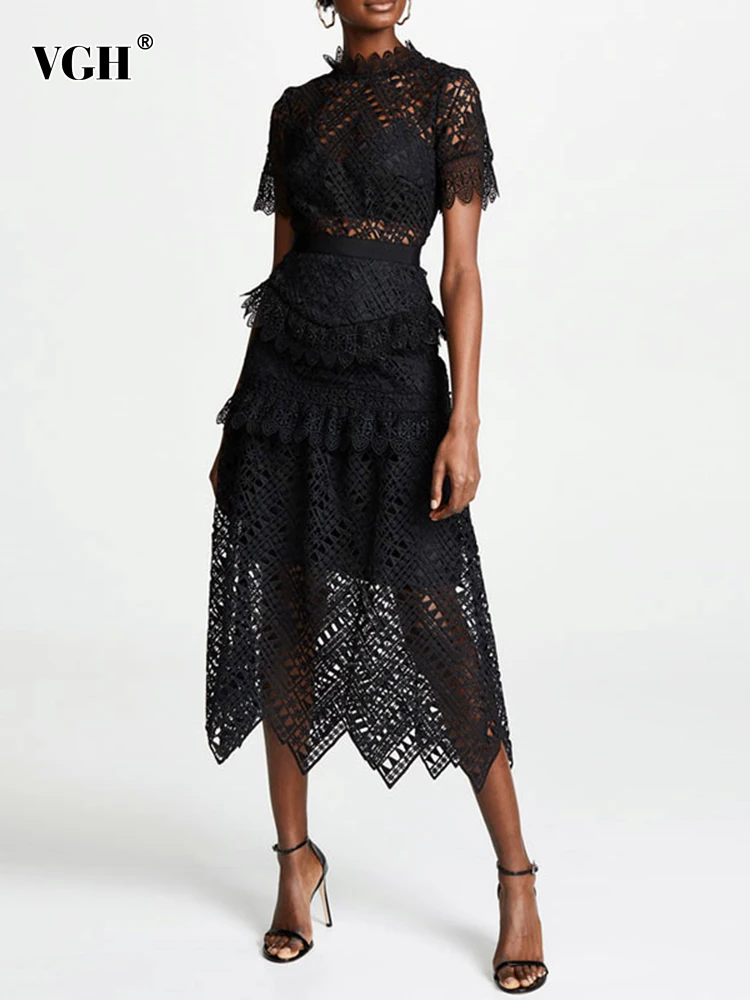 VGH-Vintage-Lace-Irregular-Dresses-For-Women-Stand-Collar-Short-Sleeve-High-Waist-Spliced ...