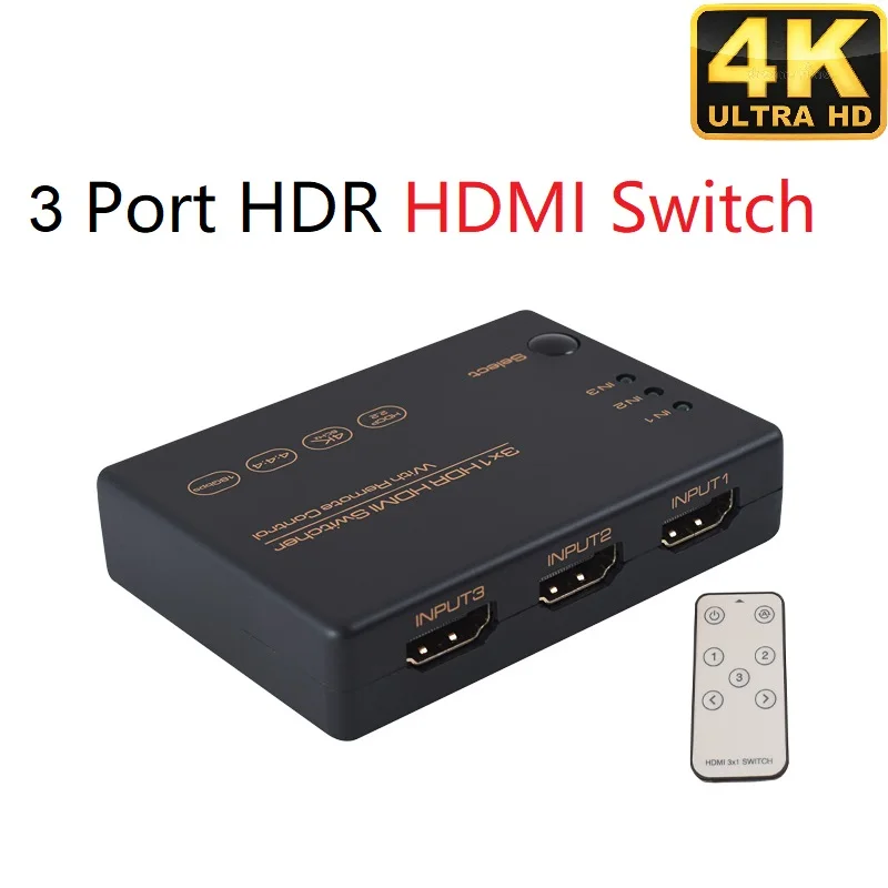 4K 60Hz HDMI Switcher 3 In 1 Out HDMI 2.0 Switch Selector 3 Port Splitter HDCP2.2 HDR UHD Remote ...