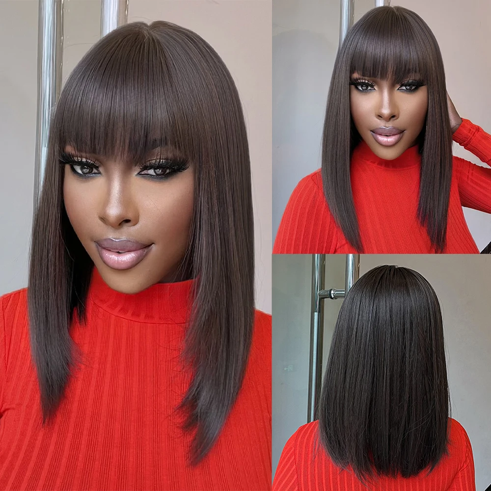 Dark-Brown-Synthetic-Hair-Wigs-Medium-Straight-Bob-Wig-for-Black-Women ...