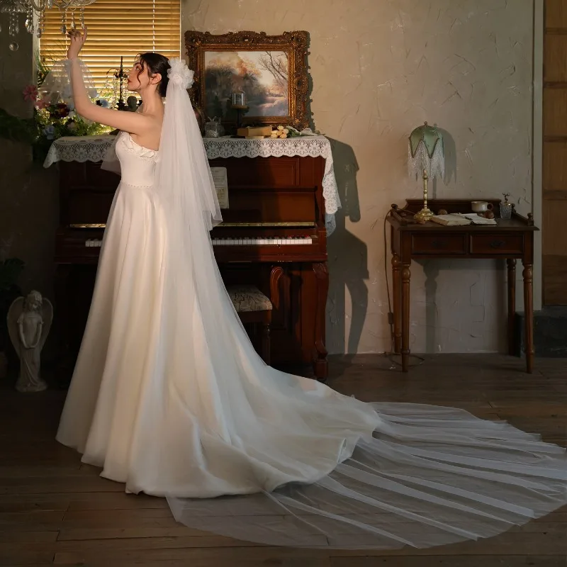 Flowers Bride Veil Long Large Tail Church Wedding Double-Layer Face ...