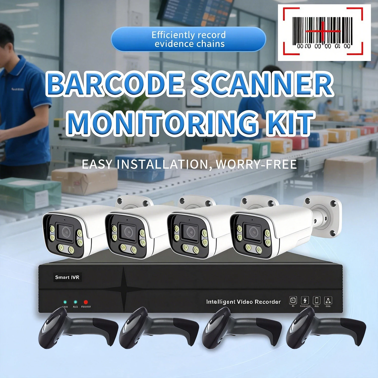SmartCnet Barcode Scanner Monitoring 4K 8MP 4CH POE NVR IP Camera QR ...