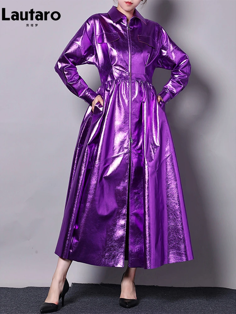 Lautaro Autumn Long Shiny Reflective Patent Pu Leather Trench Coat for ...