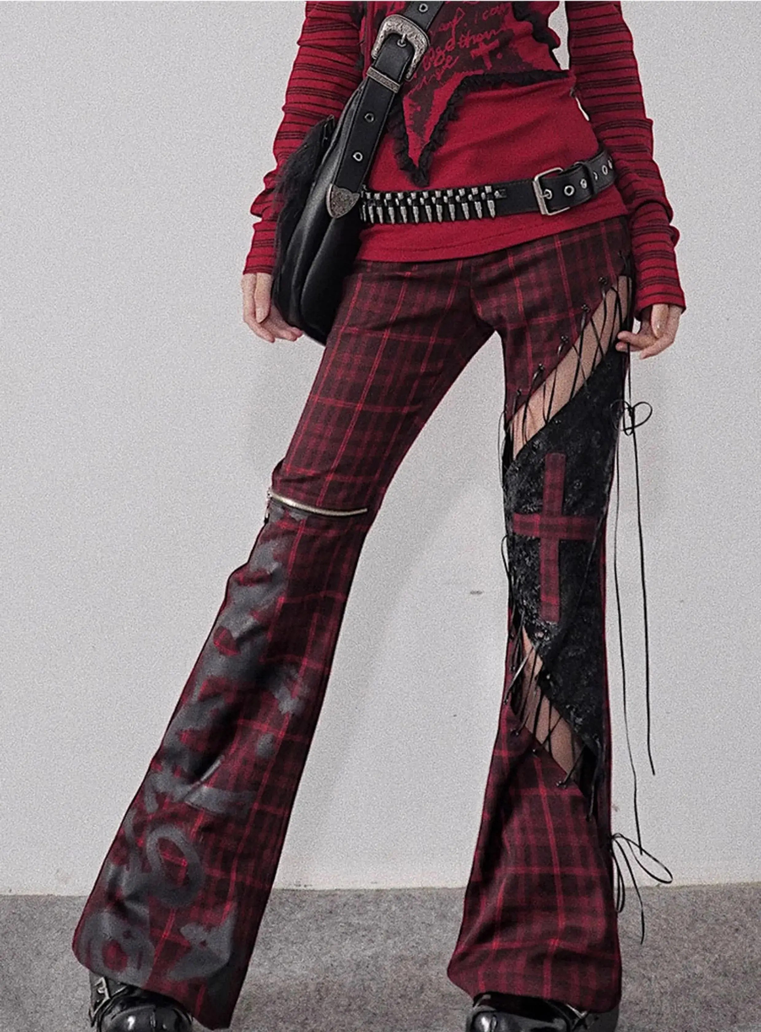 original-design-punk-goth-long-flare-pant-red-wine-hollow-out-plaided ...